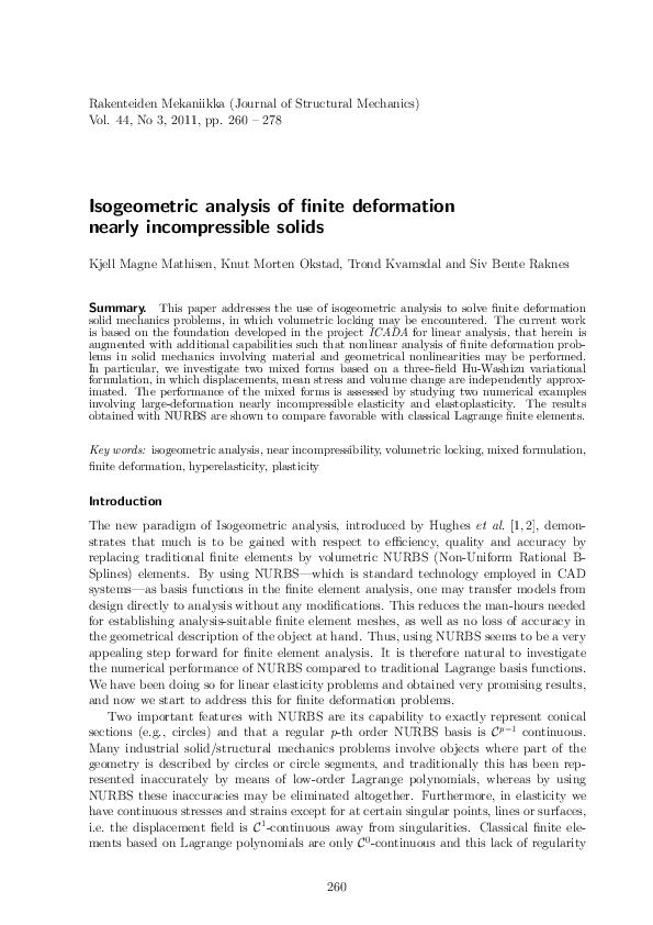 (PDF) Isogeometric analysis of finite deformation nearly incompressible solids