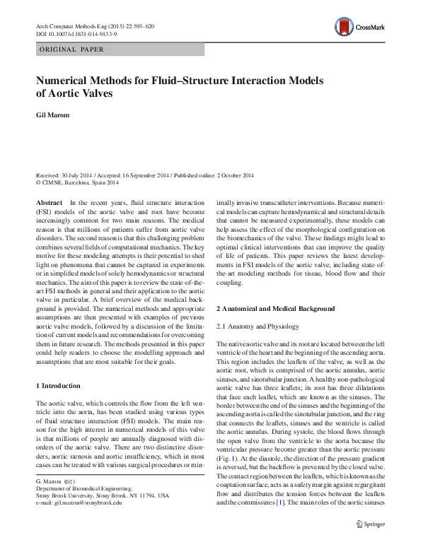 (PDF) Numerical Methods for Fluid–Structure Interaction Models of Aortic Valves