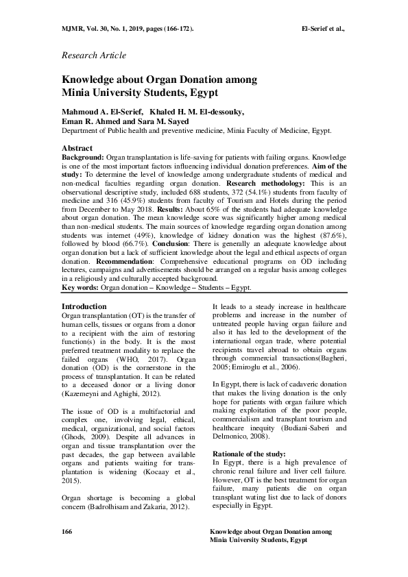 (PDF) Knowledge about Organ Donation among Minia University Students, Egypt
