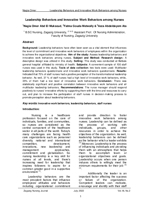(PDF) Leadership Behaviors and Innovative Work Behaviors among Nurses