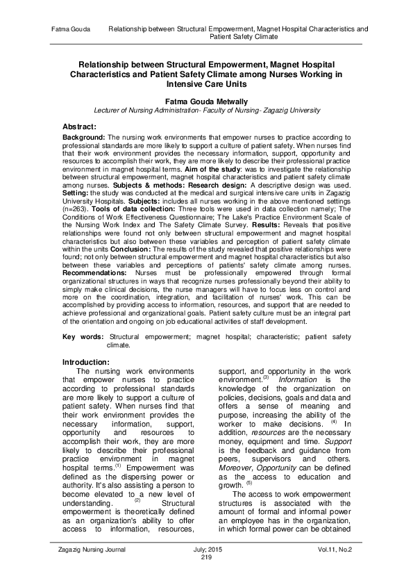 (PDF) Relationship between Structural Empowerment , Magnet Hospital ...