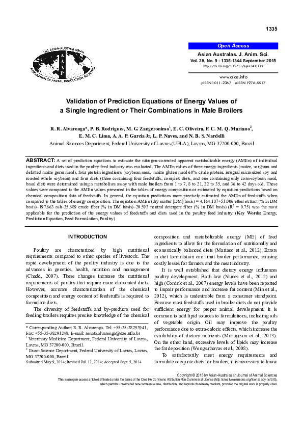 (PDF) Validation of Prediction Equations of Energy Values of a Single ...