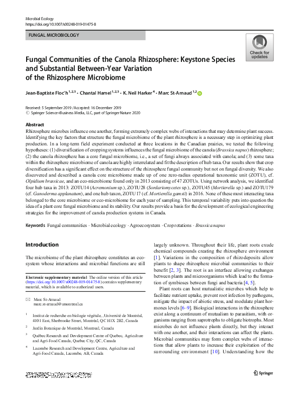 (PDF) Fungal Communities of the Canola Rhizosphere: Keystone Species and Substantial Between ...