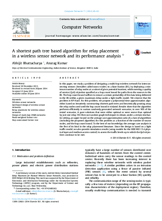 Pdf A Shortest Path Tree Based Algorithm For Relay Placement In A Wireless Sensor Network And