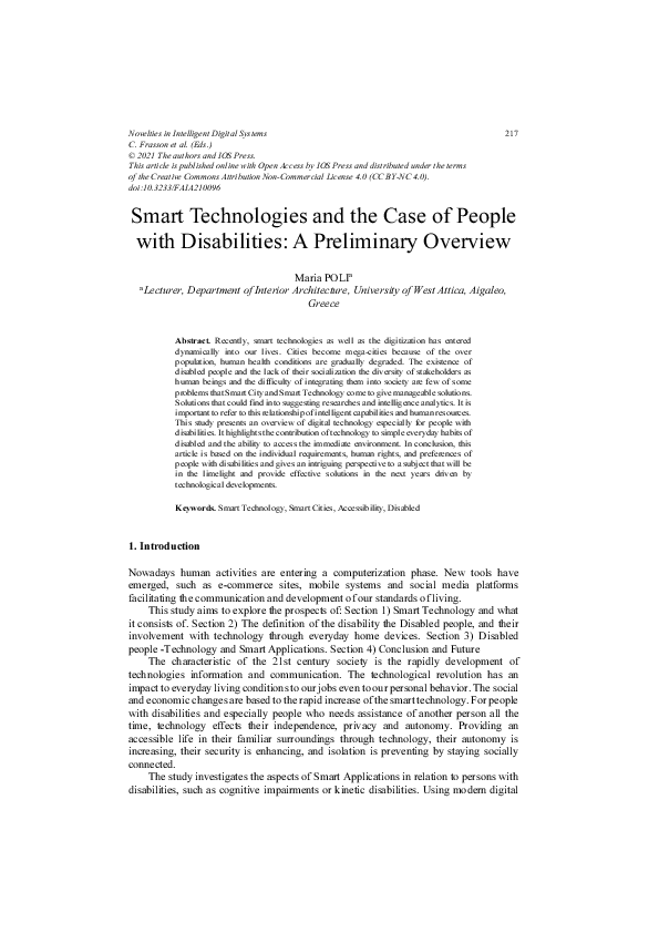 (PDF) Smart Technologies and the Case of People with Disabilities: A Preliminary Overview