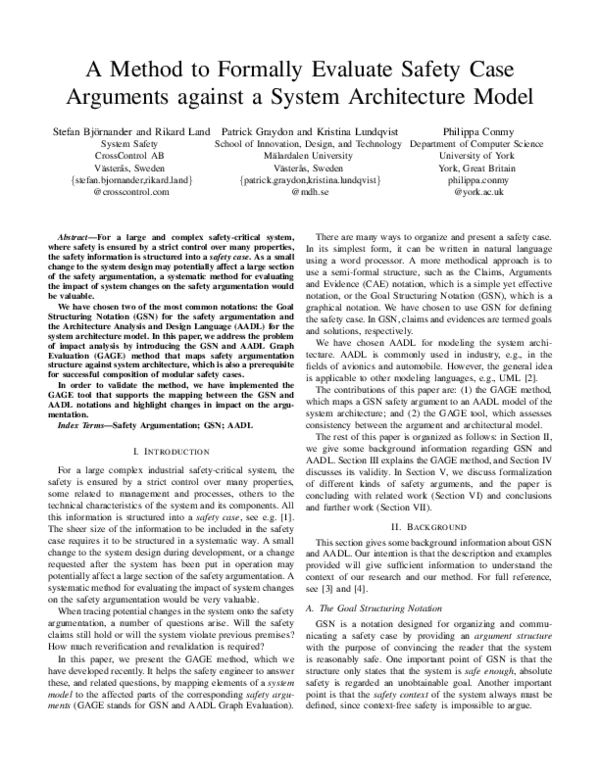 (PDF) A Method to Formally Evaluate Safety Case Arguments against a ...