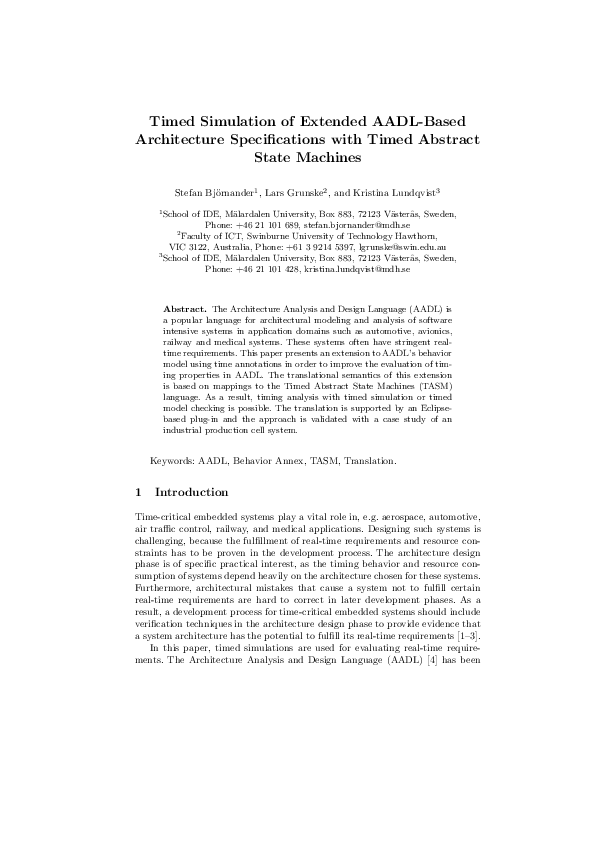 Pdf Timed Simulation Of Extended Aadl Based Architecture Specifications With Timed Abstract