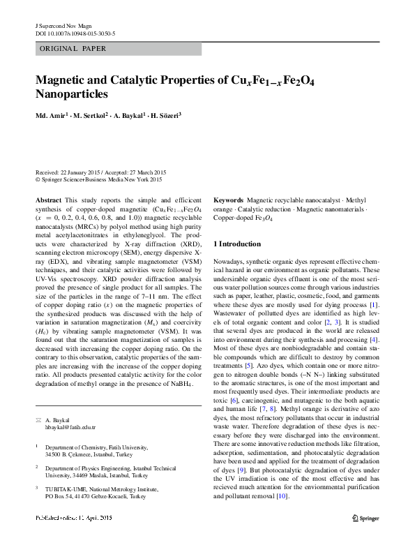 (PDF) Magnetic and Catalytic Properties of Cu x Fe1−x Fe2O4 Nanoparticles
