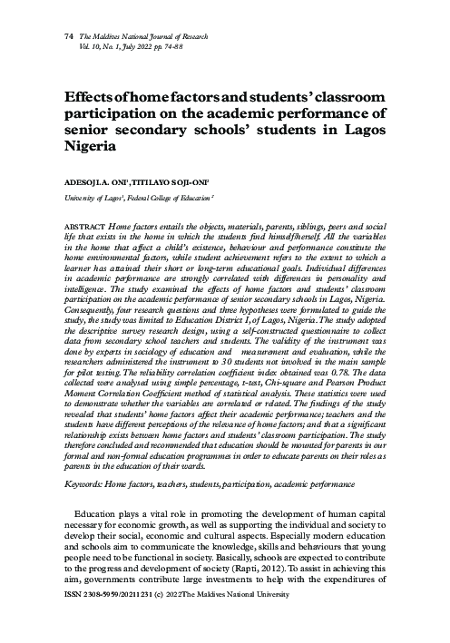 (PDF) Effects of home factors and students' classroom participation on the academic performance ...