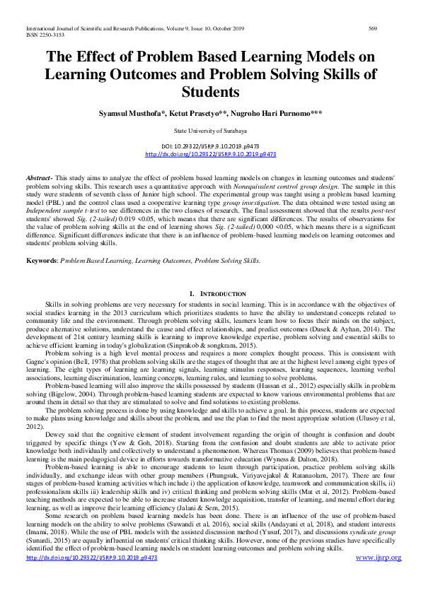 (PDF) The Effect of Problem Based Learning Models on Learning Outcomes and Problem Solving ...