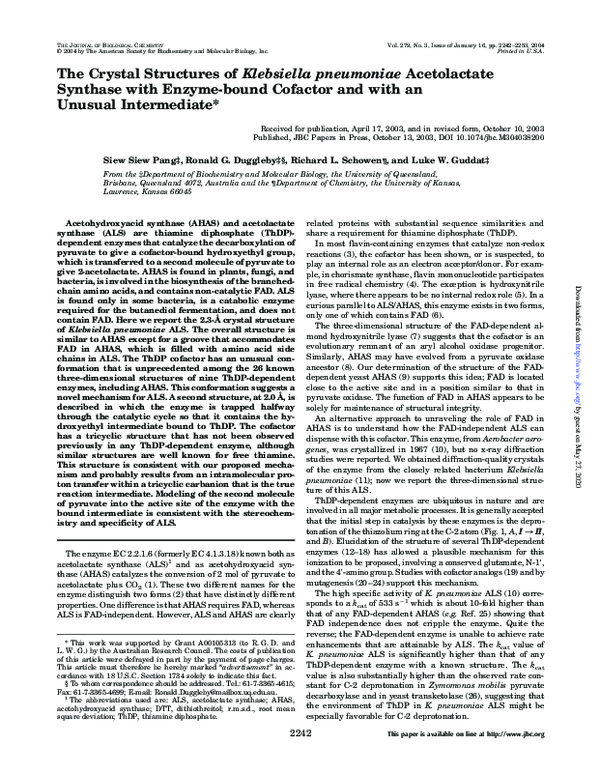 (PDF) The Crystal Structures of Klebsiella pneumoniae Acetolactate ...