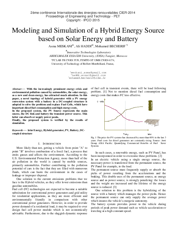 (PDF) Modeling and simulation of a hybrid energy source based on solar energy and battery