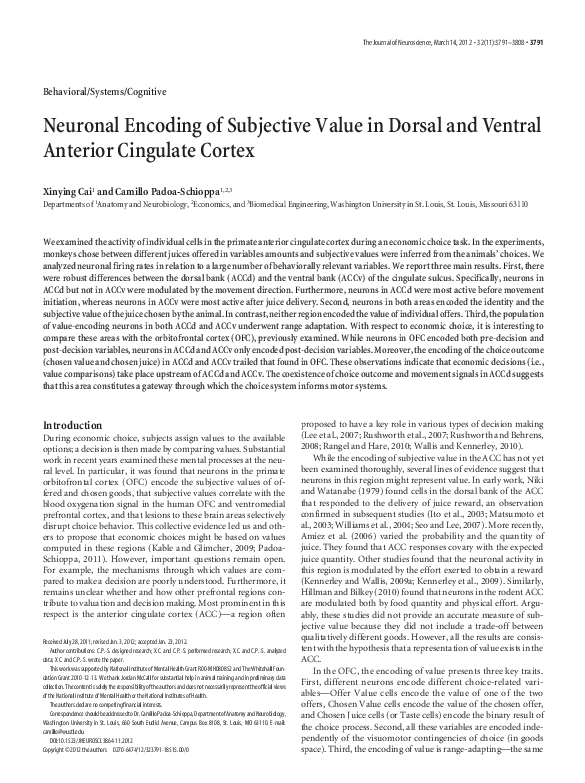 (PDF) Neuronal Encoding of Subjective Value in Dorsal and Ventral Anterior Cingulate Cortex ...