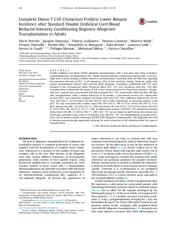 (PDF) Complete Donor T Cell Chimerism Predicts Lower Relapse Incidence ...