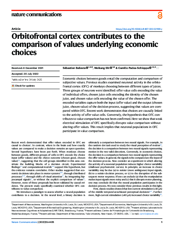 (PDF) Orbitofrontal cortex contributes to the comparison of values ...