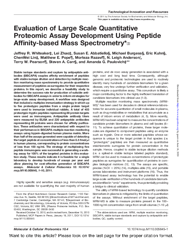 (PDF) Evaluation of Large Scale Quantitative Proteomic Assay ...