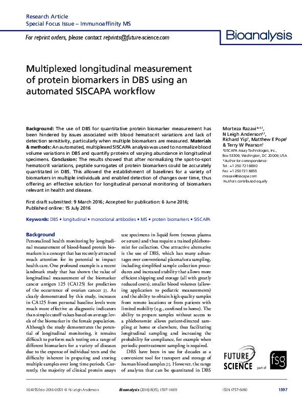 (PDF) Multiplexed longitudinal measurement of protein biomarkers in DBS using an automated ...