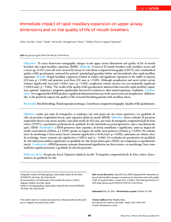 (PDF) Immediate impact of rapid maxillary expansion on upper airway dimensions and on the ...