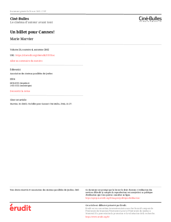 (PDF) Un billet pour Cannes!