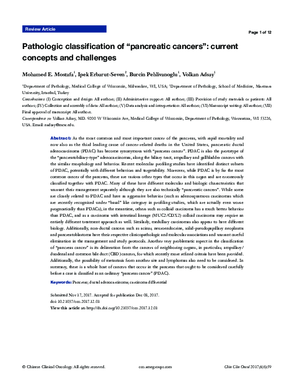 (PDF) Pathologic classification of "pancreatic cancers": current ...