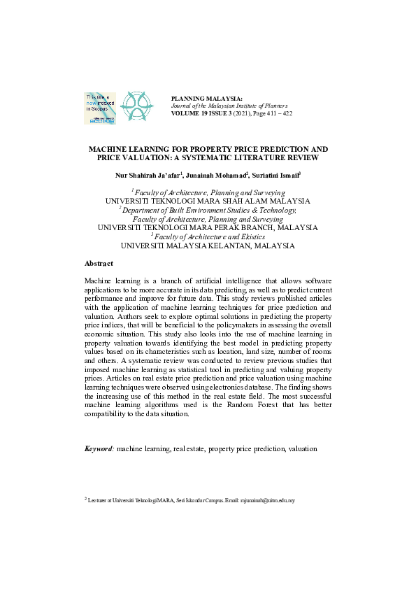 (PDF) MACHINE LEARNING FOR PROPERTY PRICE PREDICTION AND PRICE VALUATION: A SYSTEMATIC ...