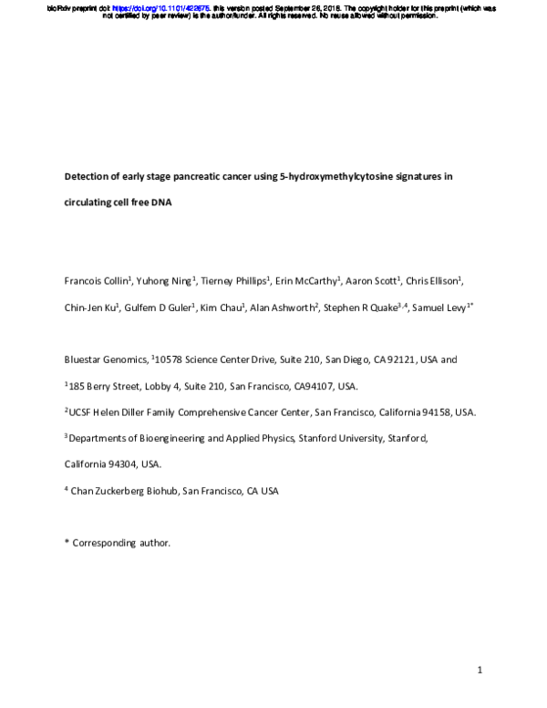 (PDF) Detection of early stage pancreatic cancer using 5-hydroxymethylcytosine signatures in ...