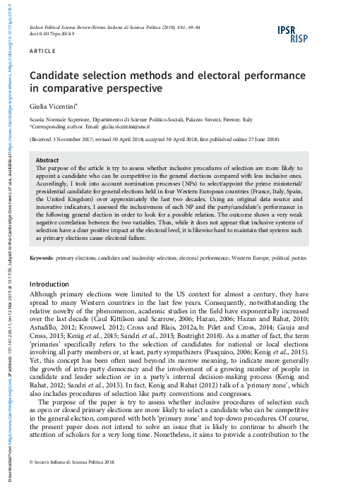 Pdf Candidate Selection Methods And Electoral Performance In