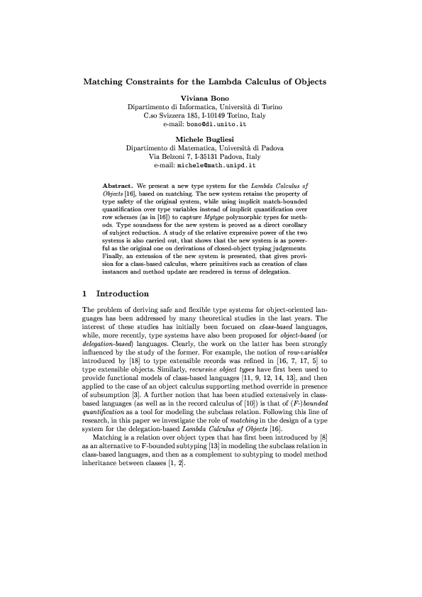 (PDF) Matching constraints for the Lambda Calculus of Objects