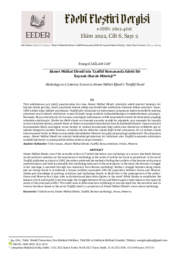 (PDF) Ahmet Midhat Efendi’nin Taaffüf Romanında Edebî Bir Kaynak Olarak Mitoloji