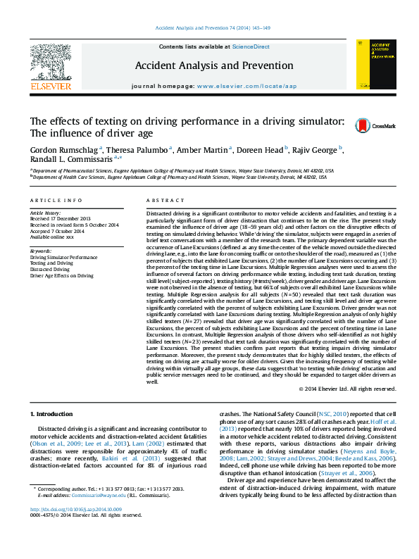 (PDF) The effects of texting on driving performance in a driving ...