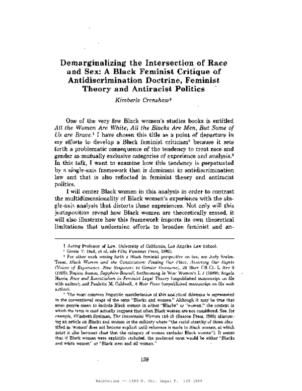 Pdf Demarginalizing The Intersection Of Race And Sex A Black Feminist Critique Of