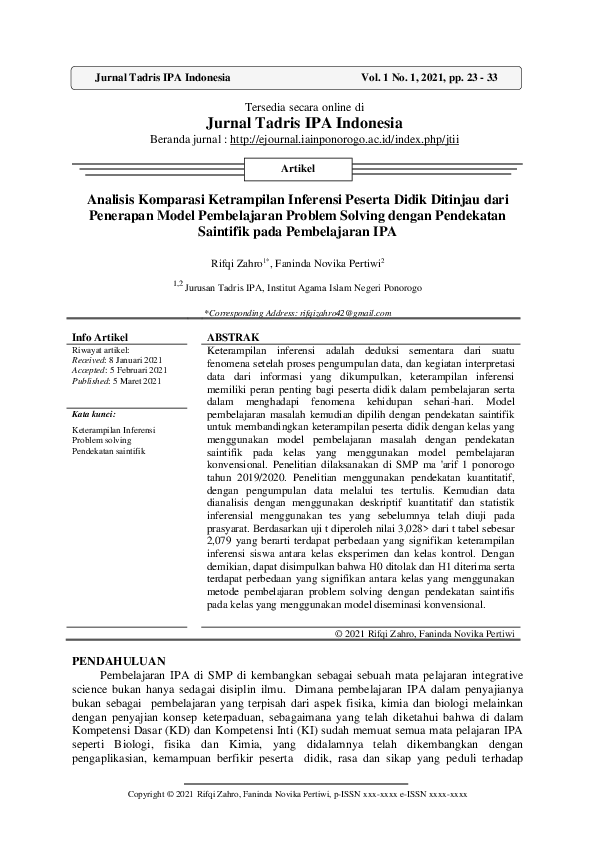(PDF) Analisis Komparasi Ketrampilan Inferensi Peserta Didik Ditinjau dari Penerapan Model ...