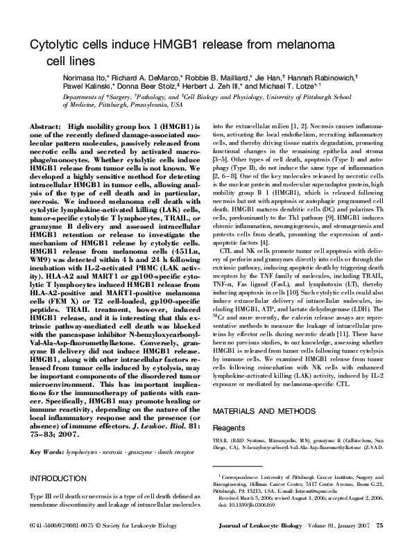 (PDF) Cytolytic cells induce HMGB1 release from melanoma cell lines