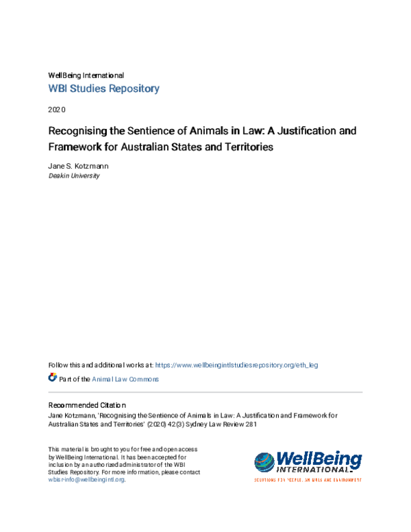 (PDF) Recognising the Sentience of Animals in Law: A Justification and ...