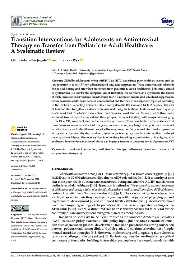 (PDF) Transition Interventions for Adolescents on Antiretroviral ...