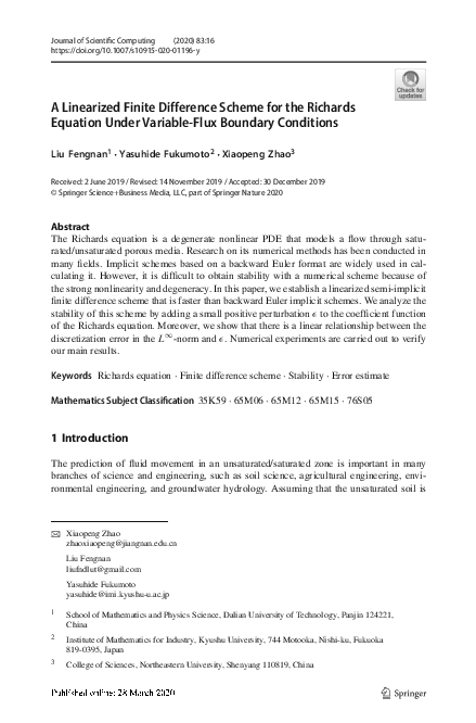 (PDF) A Linearized Finite Difference Scheme for the Richards Equation ...