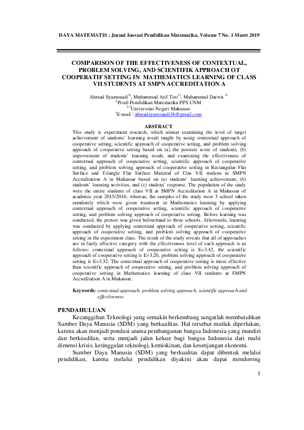 (PDF) Comparison of the Effectiveness of Contextual, Problem Solving, and Scientifik Approach Ot ...