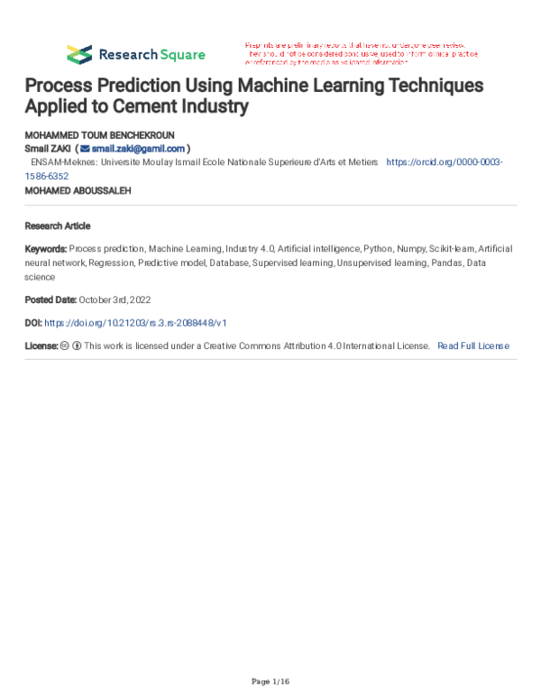 (PDF) Process Prediction Using Machine Learning Techniques Applied to Cement Industry