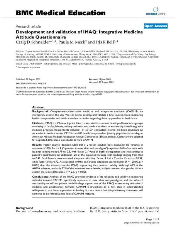 (PDF) Development and validation of IMAQ: Integrative Medicine Attitude Questionnaire