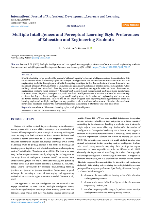 (PDF) Multiple Intelligences and Perceptual Learning Style Preferences of Education and ...