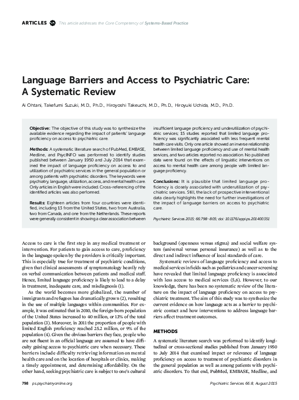 Language Barriers and Access to Psychiatric Care: A Systematic Review