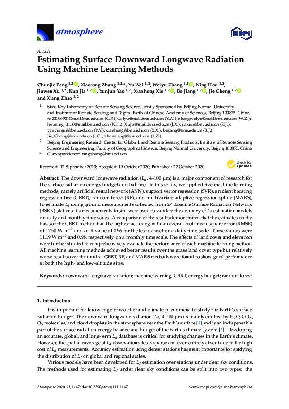 Pdf Estimating Surface Downward Longwave Radiation Using Machine Learning Methods