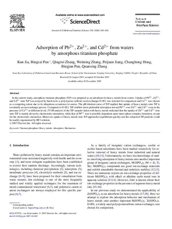 (PDF) Adsorption of Pb2+, Zn2+, and Cd2+ from waters by amorphous titanium phosphate
