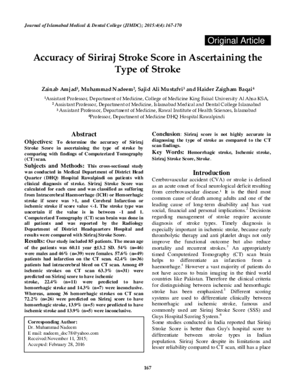 (PDF) Accuracy of Siriraj Stroke Score in Ascertaining the Type of Stroke