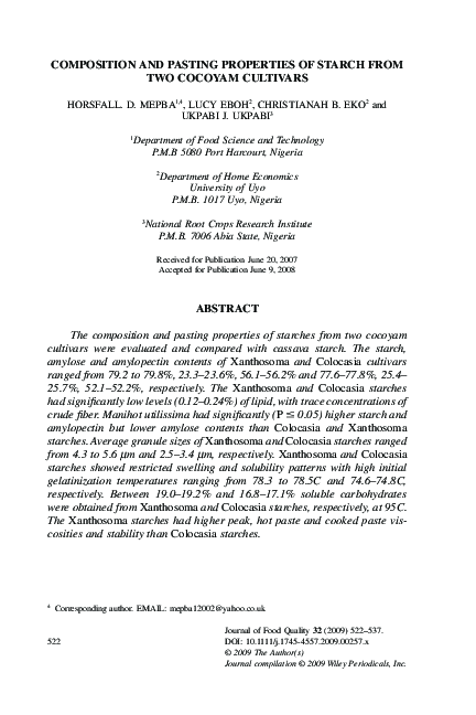 (PDF) Composition and Pasting Properties of Starch from Two Cocoyam Cultivars