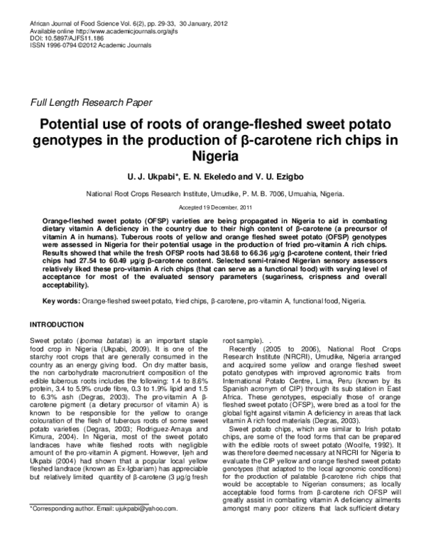 (PDF) Potential use of roots of orange-fleshed sweet potato genotypes in the production of β ...