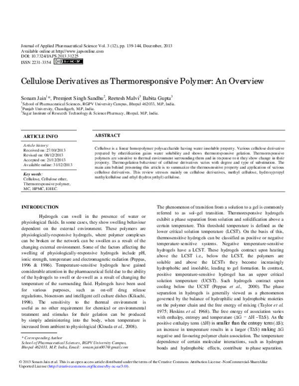 (PDF) Cellulose Derivatives as Thermoresponsive Polymer: An Overview