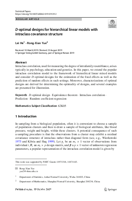 Pdf D Optimal Designs For Hierarchical Linear Models With Intraclass