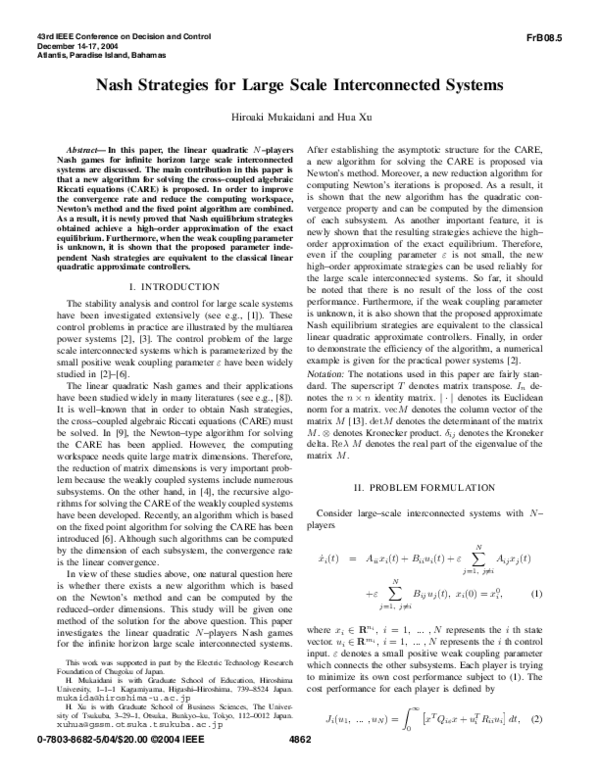 (PDF) Nash strategies for large scale interconnected systems