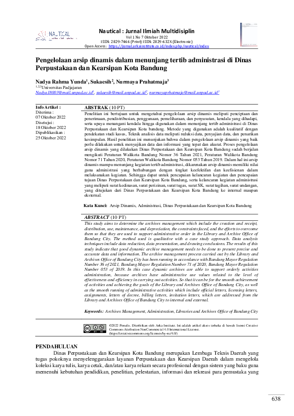 (PDF) Pengelolaan arsip dinamis dalam menunjang tertib administrasi di Dinas Perpustakaan dan ...